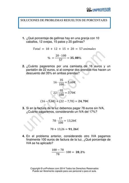 Problemas De Porcentaje Resueltos Matematica Integral UDocz