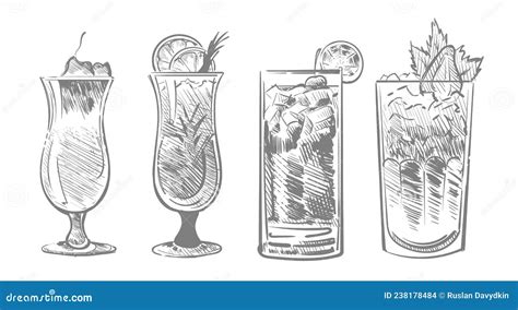 Hand Drawn Alcohol Cocktails Sketch Vector Illustration Stock Vector