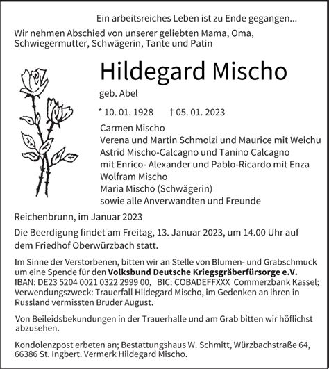 Traueranzeigen Von Hildegard Mischo Saarbruecker Zeitung Trauer De