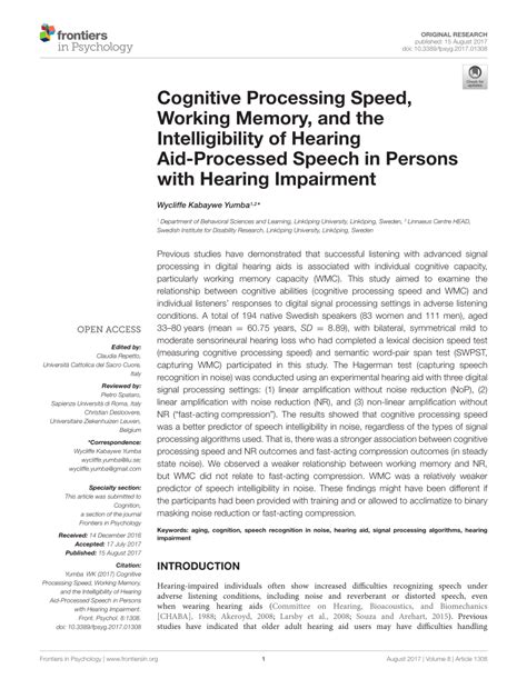 pdf cognitive processing speed working memory and the intelligibility of hearing aid