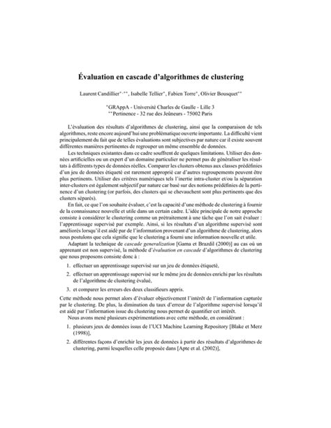 Évaluation en cascade d`algorithmes de clustering
