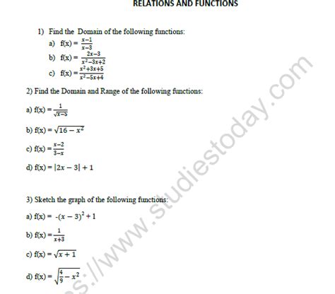 cbse class 11 mathematics relations and functions worksheet set a
