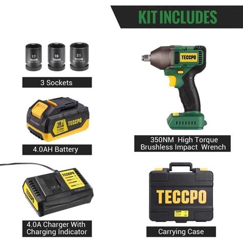 TECCPO Clé à Chocs Sans Fil Brushless Boulonneuse a Choc 350Nm 4 0Ah