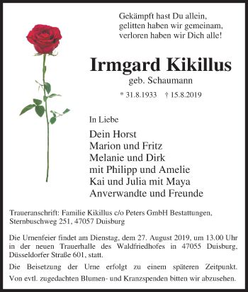 Traueranzeigen Von Irmgard Kikillus Trauer In NRW De