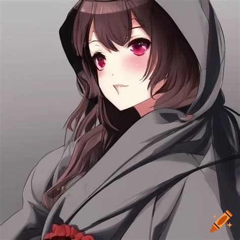 Anime Girl With Long Curly Dark Brown Hair Pink Eyes With Dark Grey Kimono With Hood On Craiyon