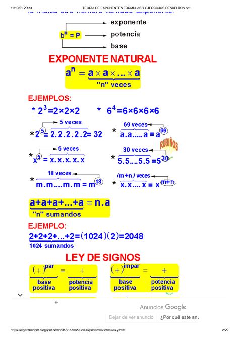 Solution Teor A De Exponentes F Rmulas Y Ejercicios Resueltos Pdf