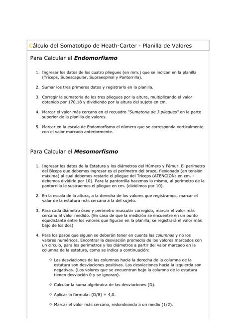 PDF Cálculo del Somatotipo de Heath Carter Planilla de En la