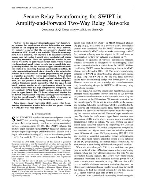 pdf secure relay beamforming for swipt in amplify and forward two way relay networks