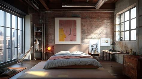 Modern Loft Bedroom With Exposed Brick Wall And City View Premium AI