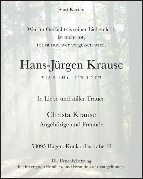 Traueranzeigen von Hans Jürgen Krause Trauer in NRW de