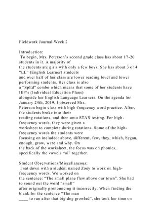 Fieldwork Journal Week 2 Introduction To Begin Mrs Docx