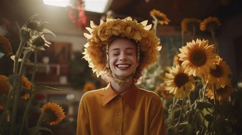 Premium AI Image A Smiling Woman With Sunflowers On Her Head