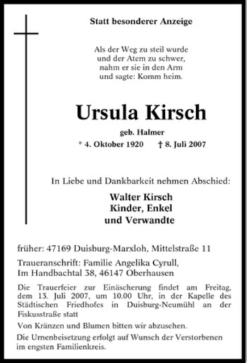 Traueranzeigen Von Ursula Kirsch Trauer In NRW De