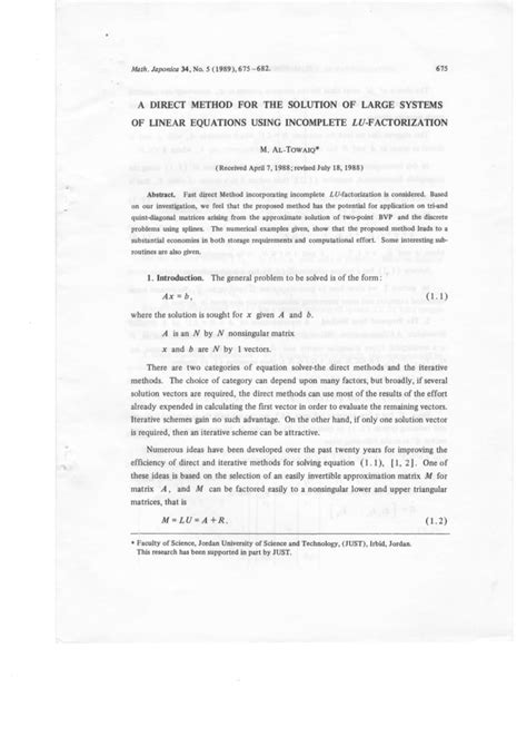 pdf a direct method for the solution of large systems of linear equations using incomplete lu