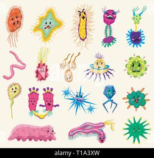 Cartoon Bacteria Characters Cute Bacteria Germs Viruses With Funny