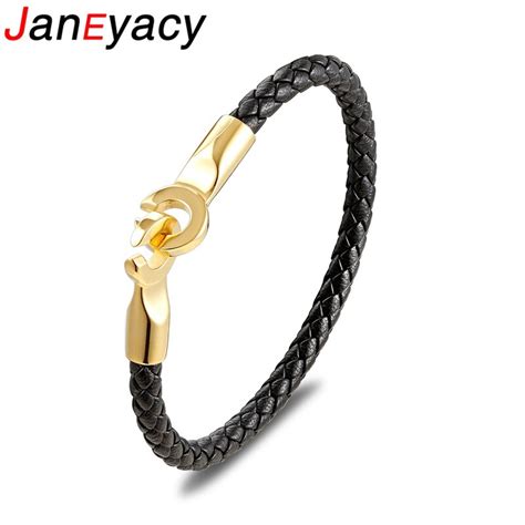 Janeyacy Baru Perhiasan Punk Hitam Kulit Dikepang Gelang Untuk Pria
