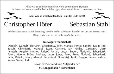 Traueranzeigen von Christopher und Sebastian Höfer Stahl rz trauer de