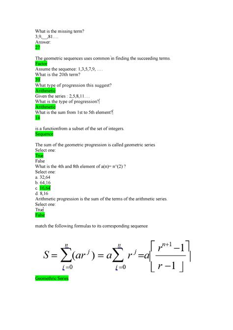 pdfcoffee what is the missing term 3 9 81 … answer 27 the geometric sequences uses what