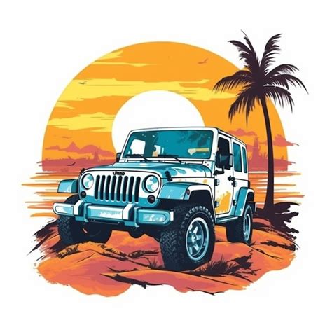 Premium AI Image A Jeep Parked On The Beach With A Palm Tree In The
