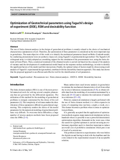 pdf optimization of geotechnical parameters using taguchi s design of experiment doe rsm