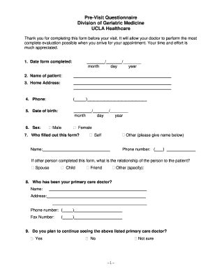 Pre Visit Questionnaire GeroNet UCLA Fill And Sign Printable