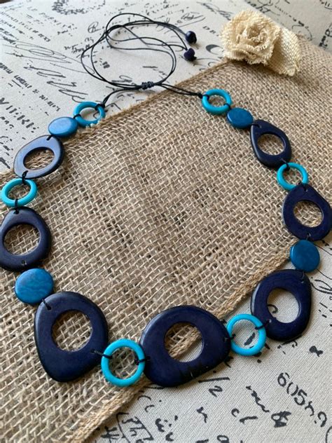 Turquoise Blue Geometric Tagua Nut Necklace Galapagos Tagua Jewelry