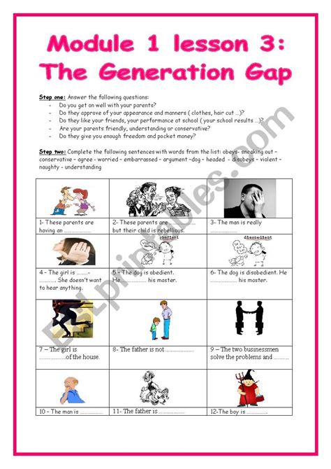 9th Form Module 1 Lesson 3 The Generation Gap Part 1 ESL Worksheet
