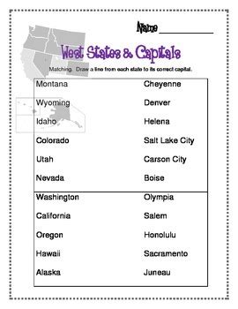 West Region Worksheets And Flashcards Matching Label Capitals And