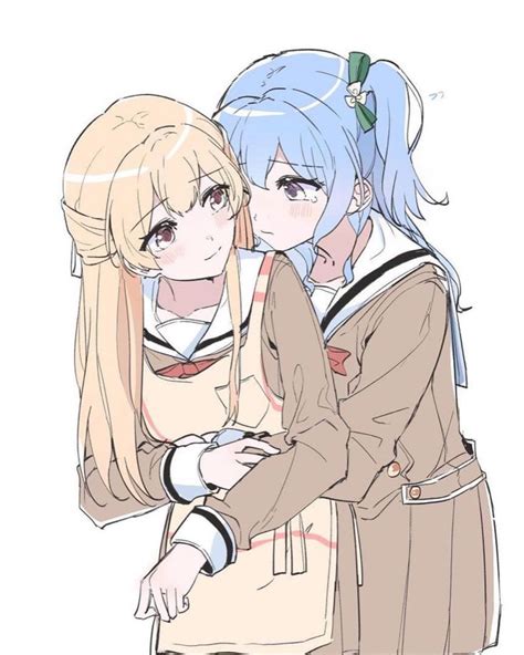 Two Anime Girls Standing Next To Each Other With Their Arms Around One
