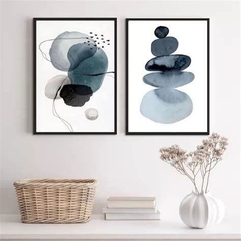 Kit De 2 Marcos Abstractos Minimalistas Azules Para Sala De Estar 45 X