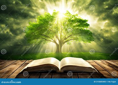 Open Book With Magical Green Tree Stock Illustration Illustration Of