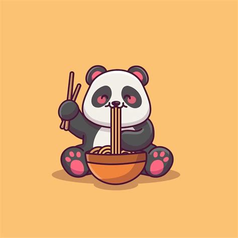 Lindo Panda Comiendo Dibujos Animados De Fideos Ramen Vector Premium