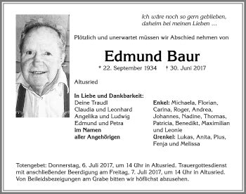Traueranzeigen von Edmund Baur Allgäuer Zeitung