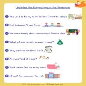 Preposition Underline The Prepositions In The Sentences Worksheet Pdf