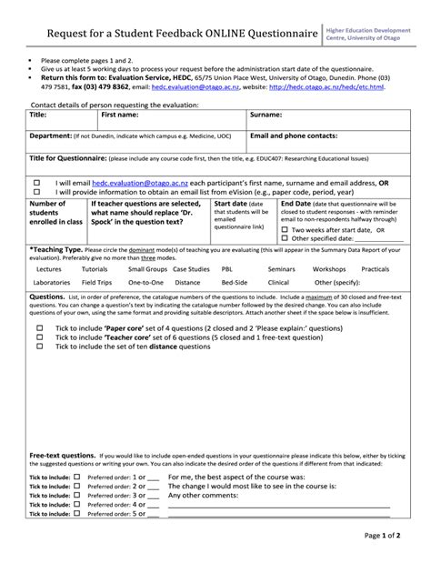 Fillable Online Hedc Otago Ac Request For A Student Feedback ONLINE