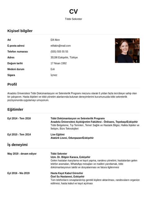 Tıbbi Sekreter CV Örneği Jobseeker