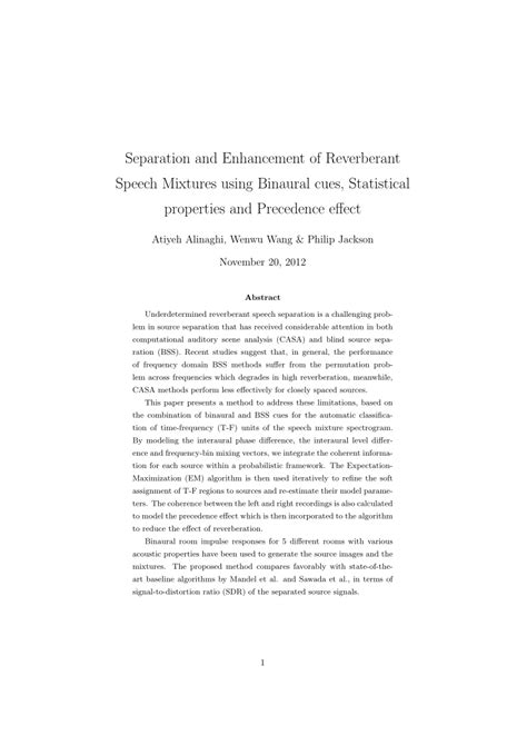 pdf separation and enhancement of reverberant speech mixtures using binaural cues statistical