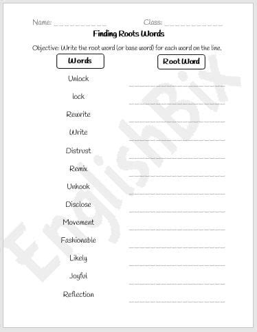 Root Words Worksheet Grade