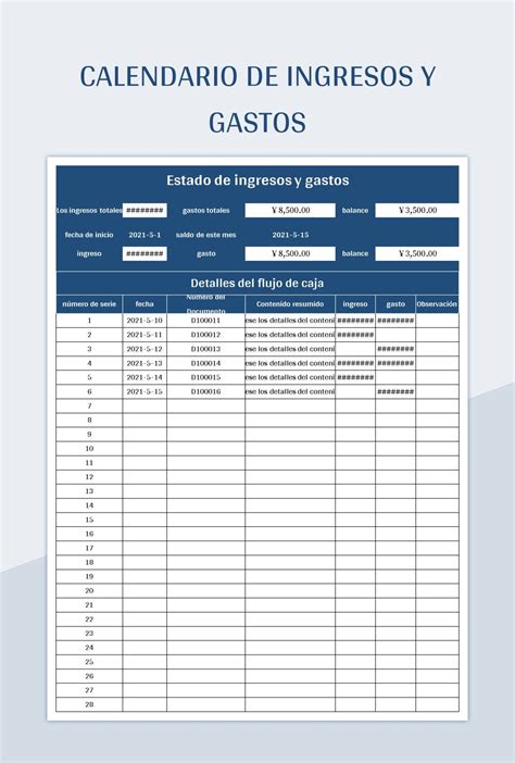 Plantilla de Excel Calendario De Ingresos Y Gastos y Hoja de Cálculo de