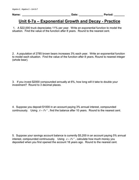 Exponential Growth And Decay Worksheet