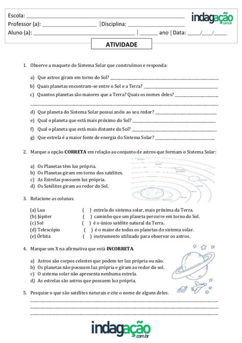 Atividade 5º ano Sistema Solar INDAGAÇÃO