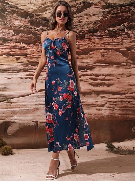 Shein Sxy Cami Kleid Mit Blume Muster Knoten Vorn Schlitz Satin