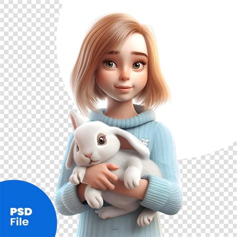 Renderização 3d de uma garota de desenho animado bonita um coelho