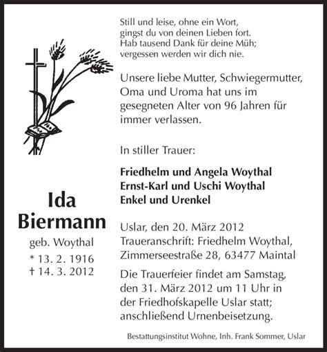 Traueranzeigen Von Ida Biermann Trauer HNA De