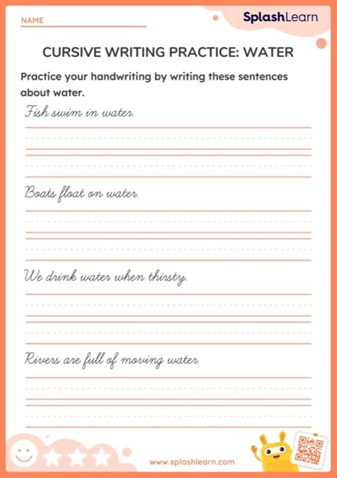 Cursive Writing Practice Water Printable ELA Worksheet