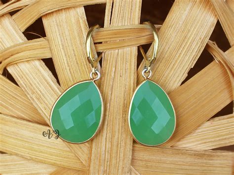 Chrysopras Quarz Birne Briolette Sterling Silber Vergoldet Ohrhaken