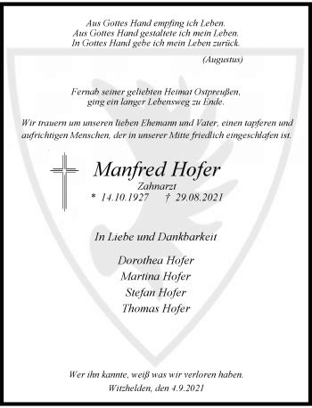 Alle Traueranzeigen für Manfred Hofer trauer rp online de
