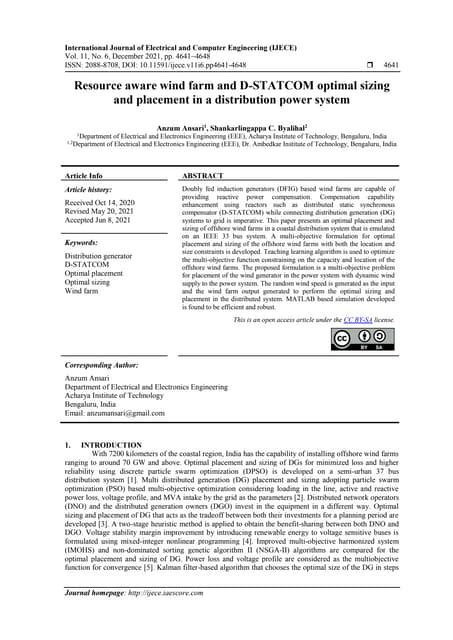 resource aware wind farm and d statcom optimal sizing and placement in a distribution power