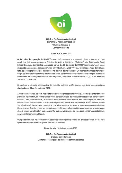 Aviso Aos Acionistas On Twitter OI S A OIBR3 B3