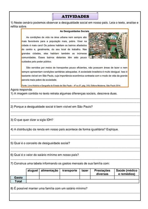 Geografia Desigualdades Sociais Atividade De Geografia Para Trabalhar